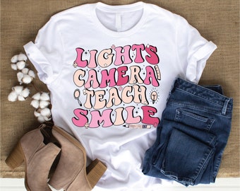 Lights Camera Teach Smile Shirt Png, Groovy Teacher Svg, Funny Teacher ...