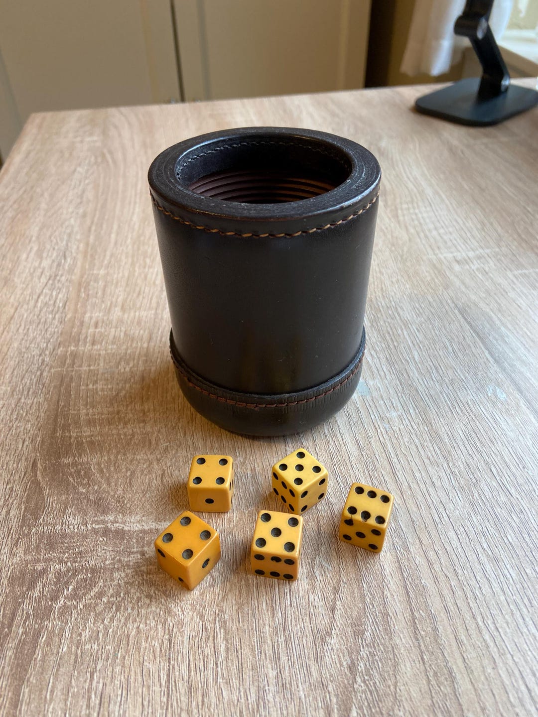 Vintage Leather Dice Cup With Dice - Vintage Liar's Stitched Cup With ...