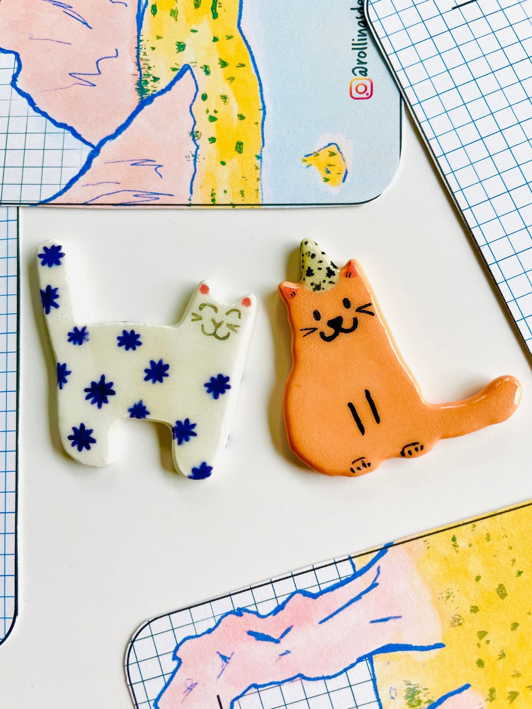 Ceramic Cat Magnet, Ceramic Magnet, Cute Cat Pin, Fridge Magnet, Office ...