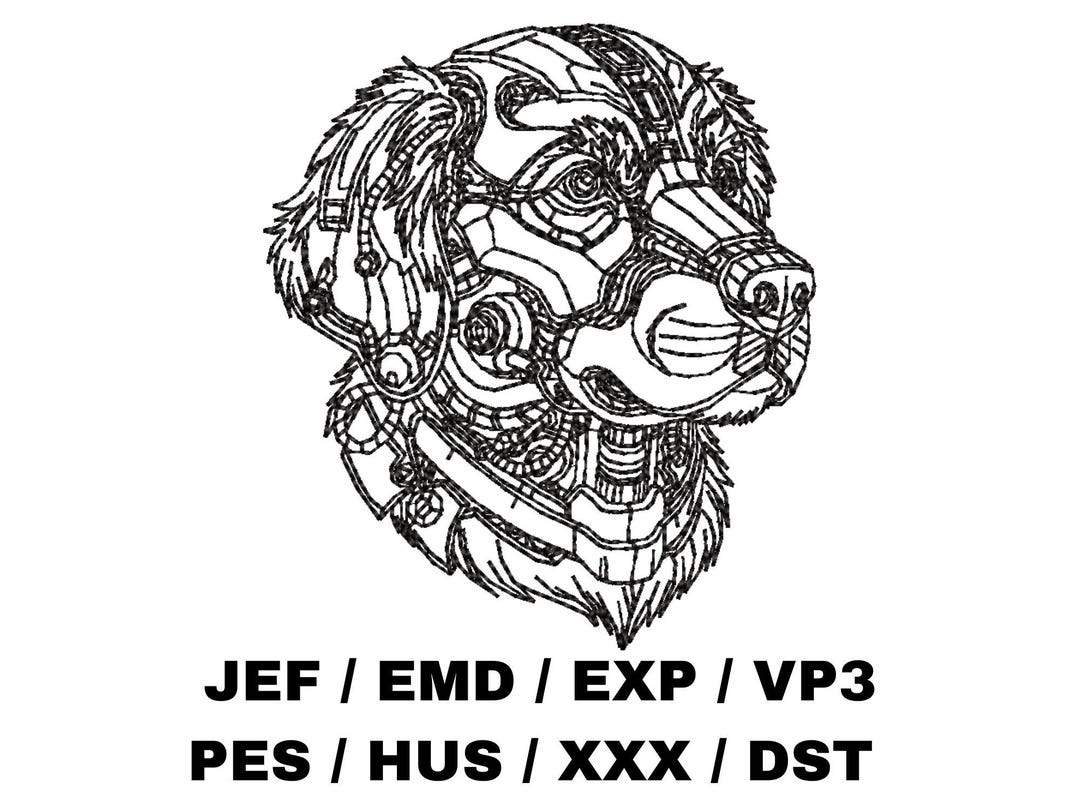 Mechanical Golden Retriever Face Outline – Futuristic Dog Embroidery ...