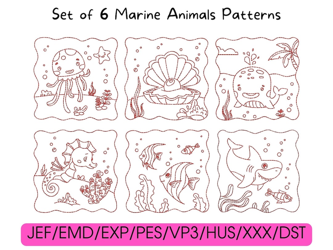 Set of 6 Marine Animal Patterns - Instant Download, Line Pattern, Fun ...