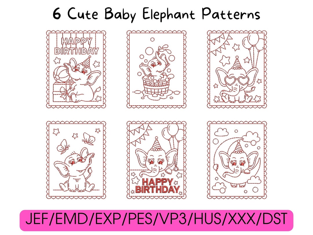 6 Baby Elephant Designs - Instant Download, Line Pattern, Cute Project ...