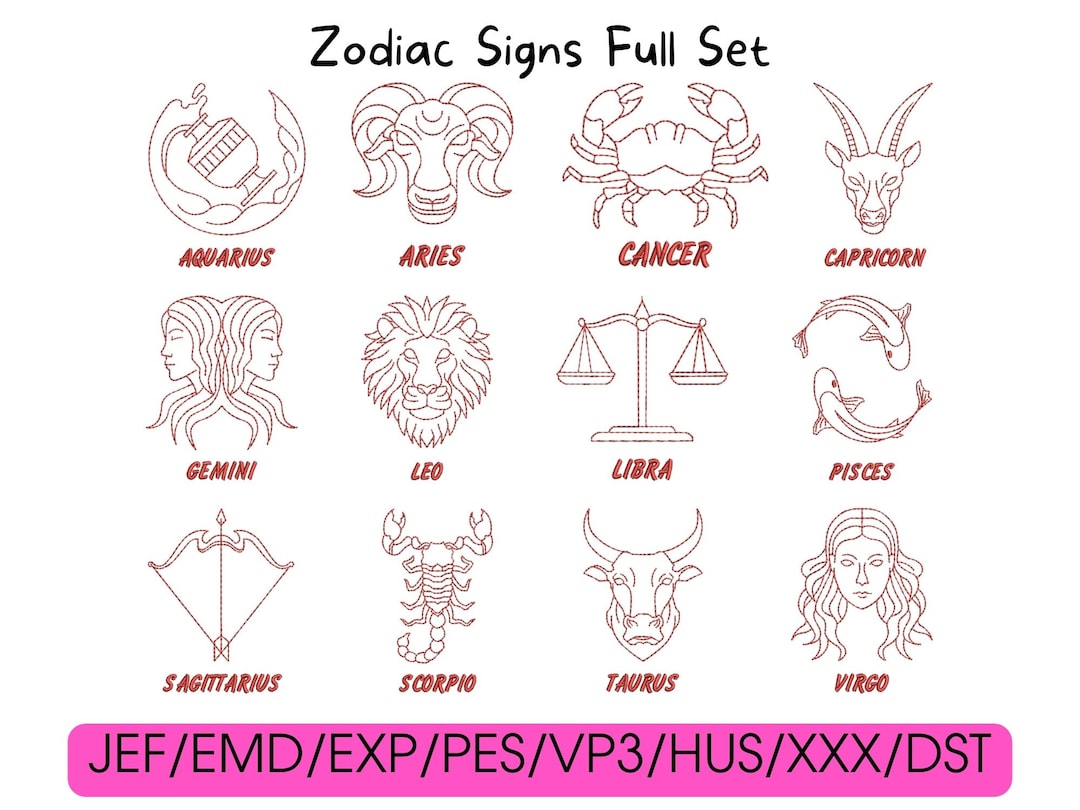 All-in-one Zodiac Signs Redwork Embroidery Pattern - Astrology and ...