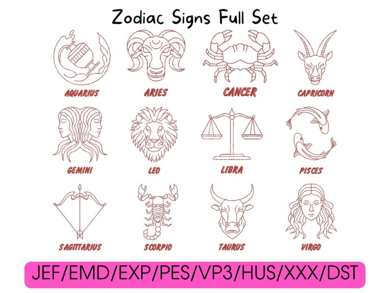 All-in-one Zodiac Signs Redwork Embroidery Pattern - Astrology and ...