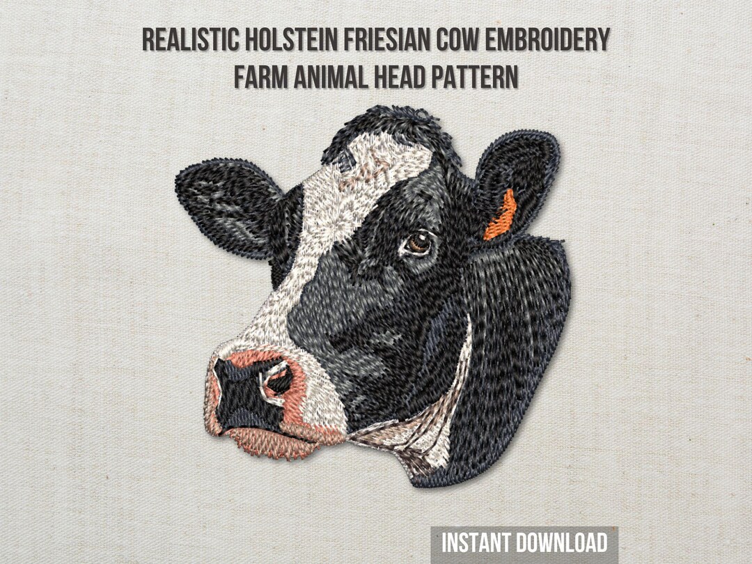 Realistic Holstein Friesian Cow Embroidery Design | Farm Animal Head ...