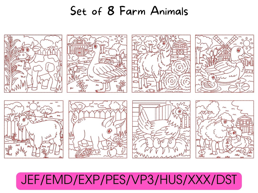 Set of 8 Farm Animals Redwork Embroidery - Instant Download, Line ...