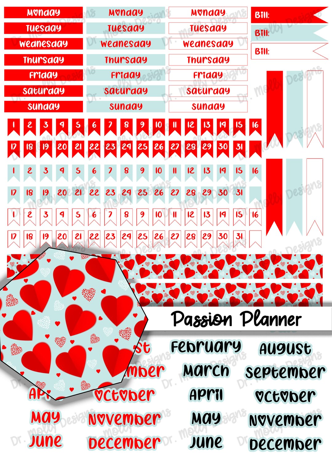 Hearts | MONTHLY Passion Planner | Printable Planner Stickers | Month ...