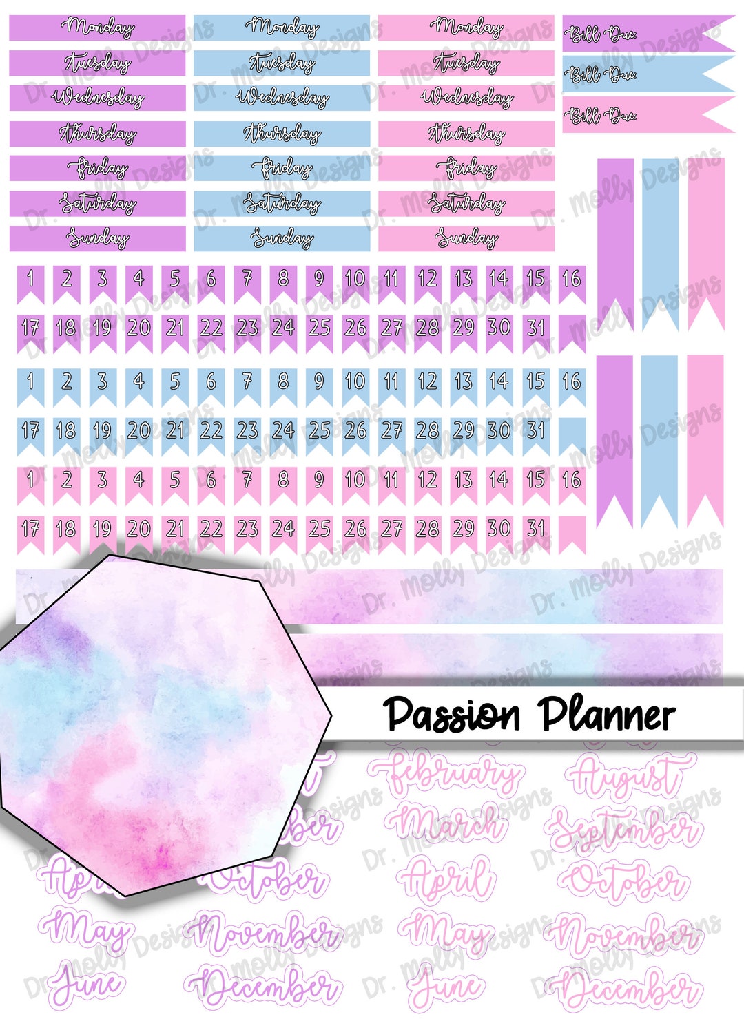 Tie-dye Watercolor | MONTHLY Passion Planner | Printable Planner ...