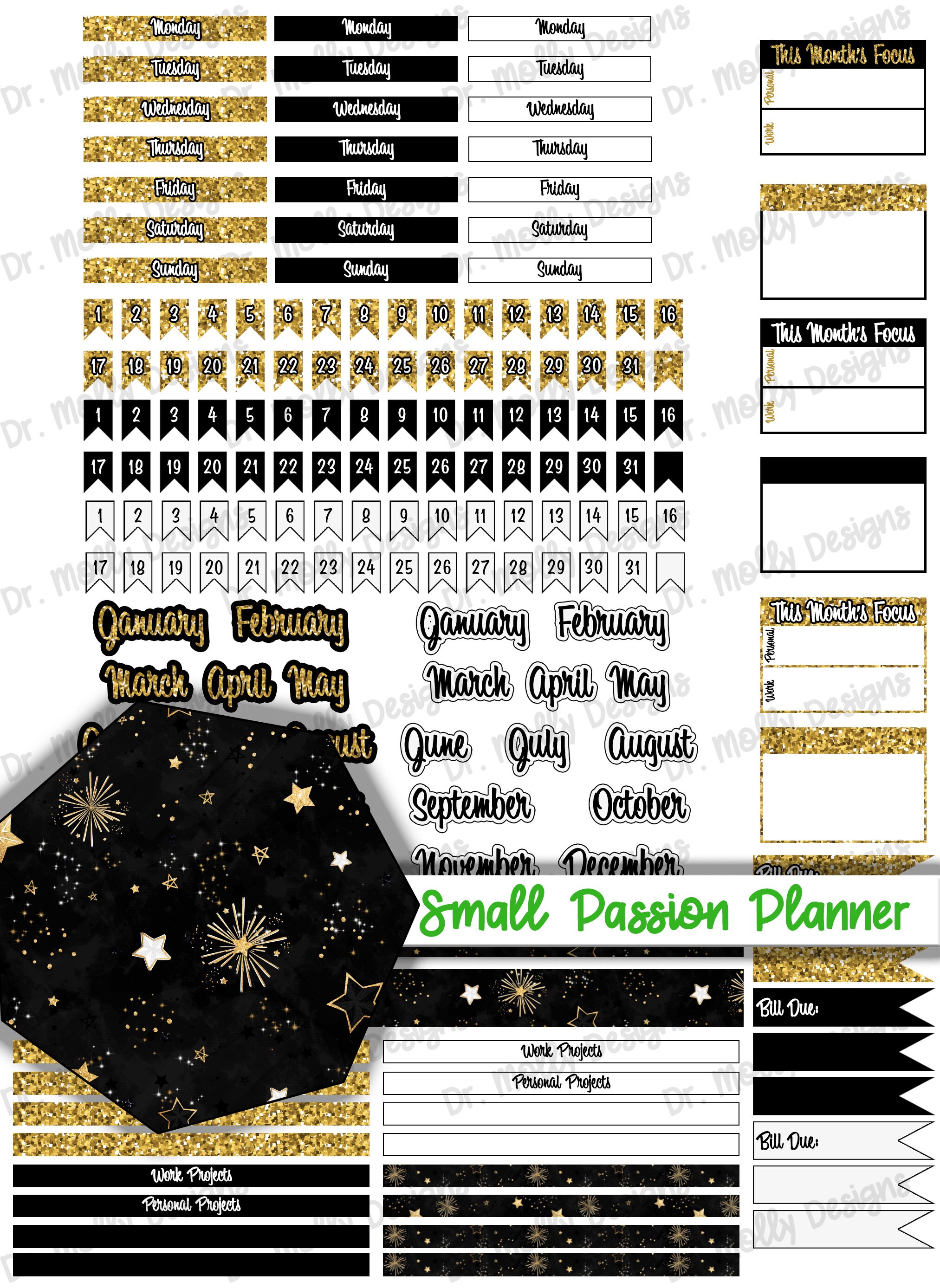 Printable PP Month Gold Stars MONTHLY Passion Planner Black Gold ...