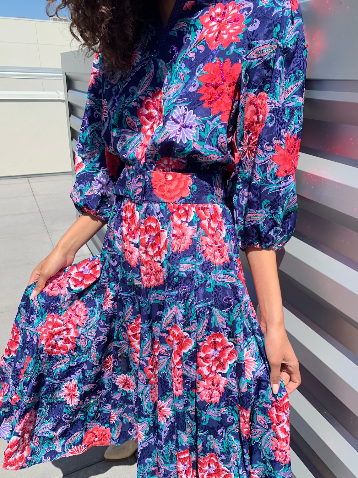 Vintage Diane Freis Dress Floral Print With Sequin and Matching Belt ...