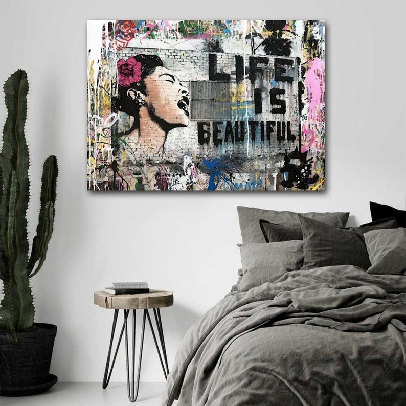 Banksy Life is Beautiful Wall Decor, Graffiti Art Canvas, Woman ...