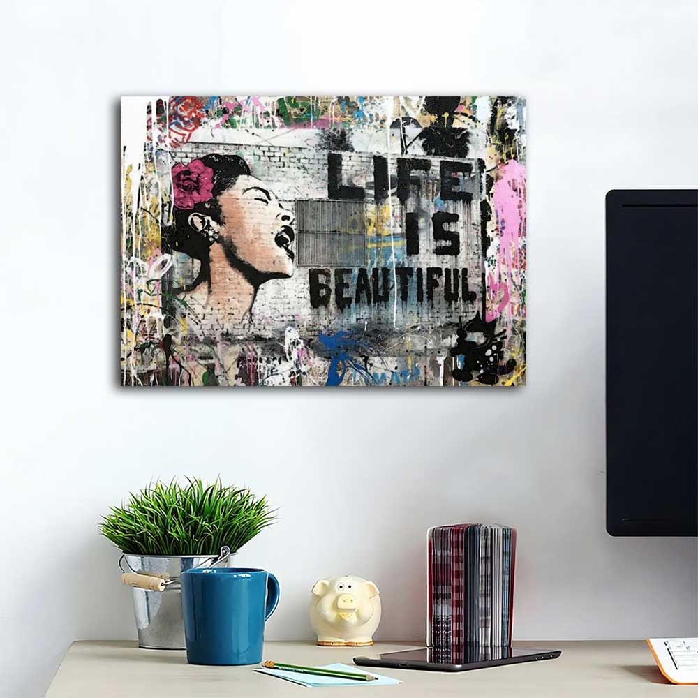 Banksy Life is Beautiful Wall Decor, Graffiti Art Canvas, Woman ...