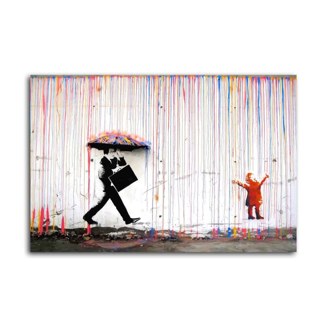 Banksy Rainbow Rain Parapluie de pluie coloré homme moderne sur toile ...