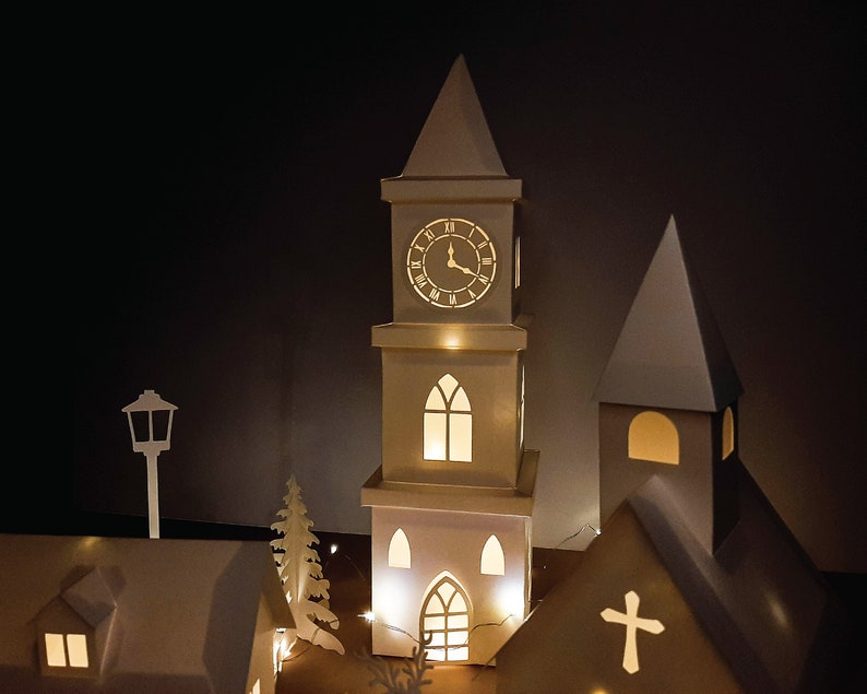 3D Paper House Template SVG, Church Clock Tower House , Paper Christmas ...