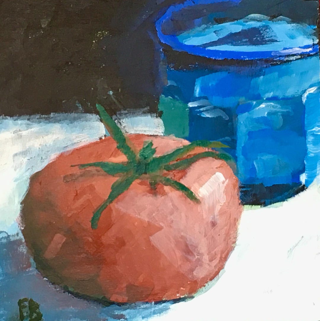 Painting of a Tomato and Blue Glass, Still Life, Original Art, 6x6 ...