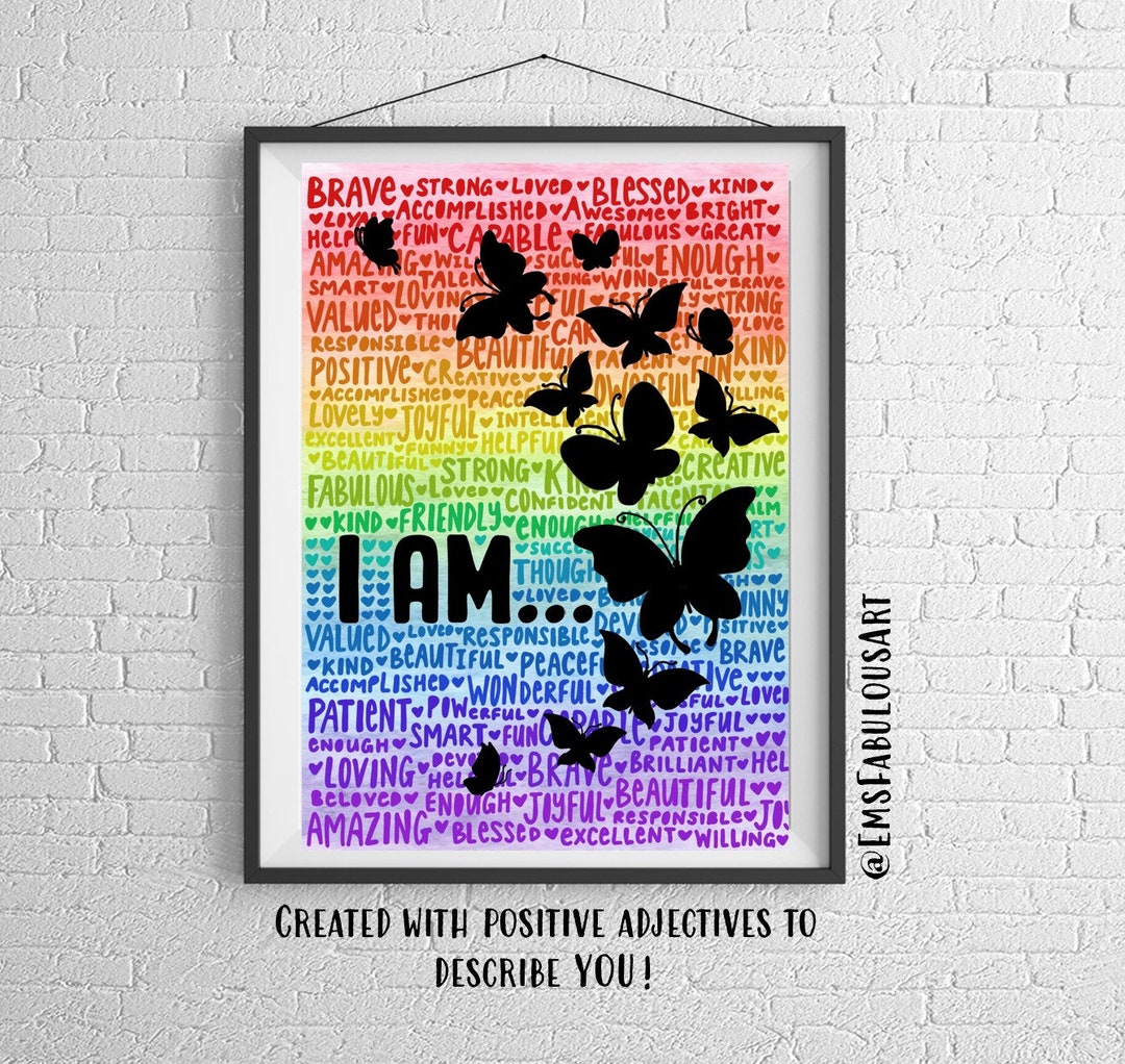 I Am... Affirmation Typography Word Art Print Word Cloud Rainbow Wall ...