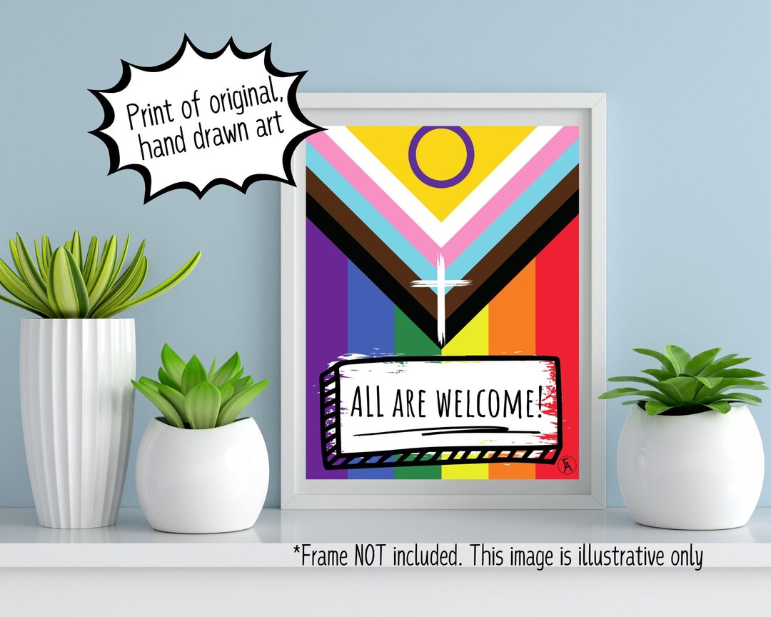 All Are Welcome LGBTQ Pride Wall Art Poster Gay Lesbian Queer Christian ...