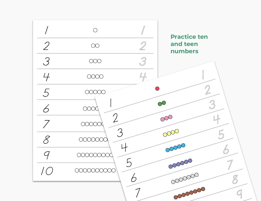 Montessori Math Ten and Teen Beads Tracing Color Sheet for Preschool ...