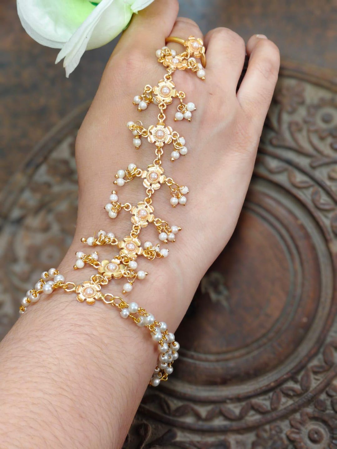 KINAZ Hath Phool Pearl Bracelet, Finger Bracelet Gold Plated, Indian ...