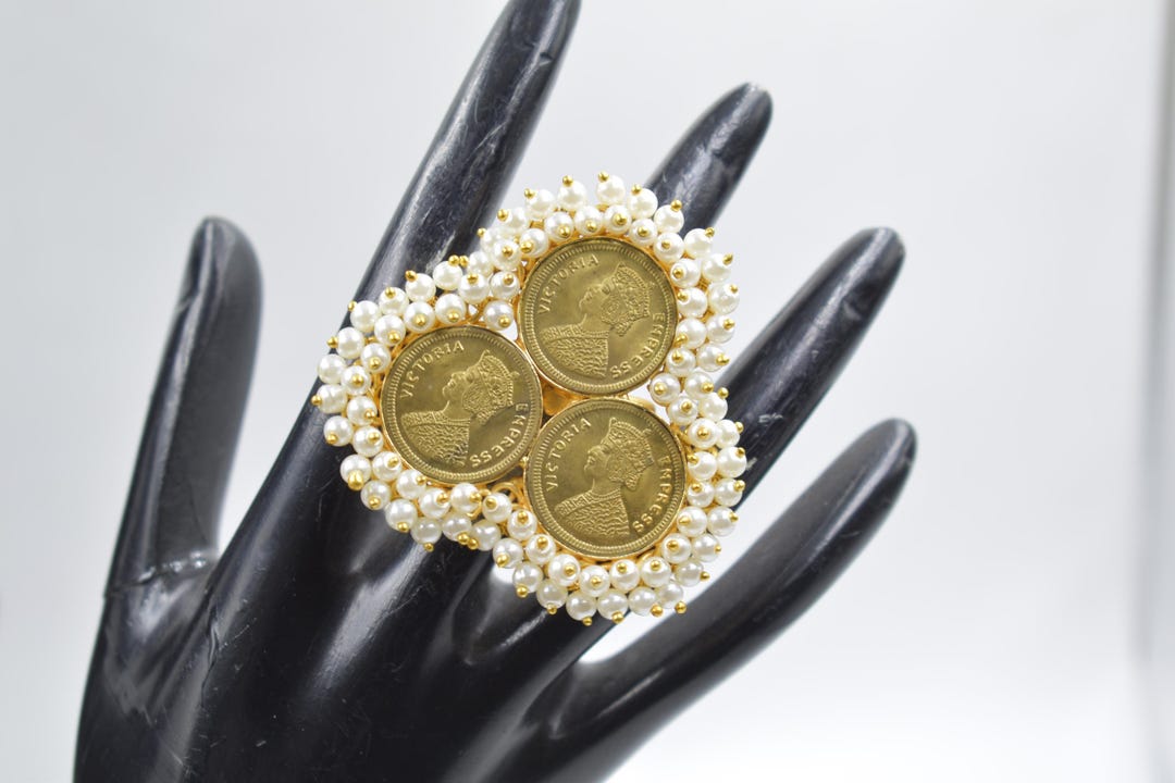 18k Gold Plated Victoria Coin Ring: Adjustable Brass Signet With Pearl ...