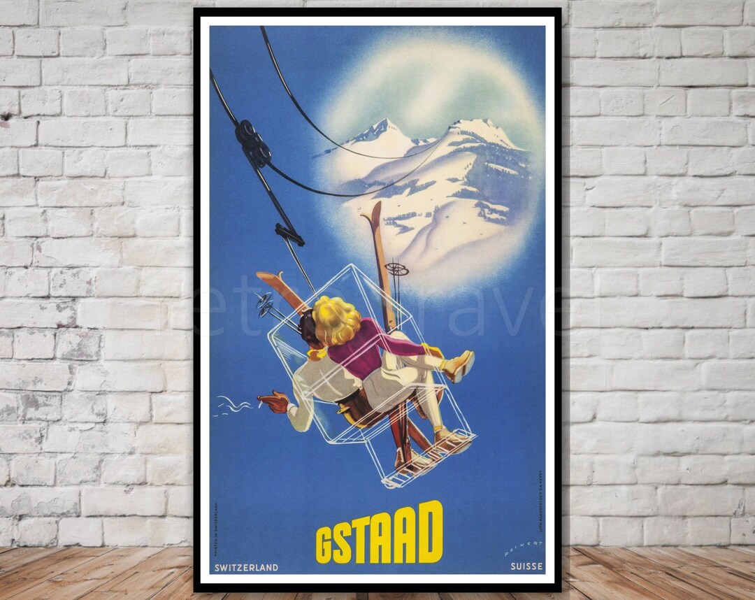 Gstaad Switzerland Travel Poster, INSTANT DOWNLOAD, Couple on Ski Lift ...