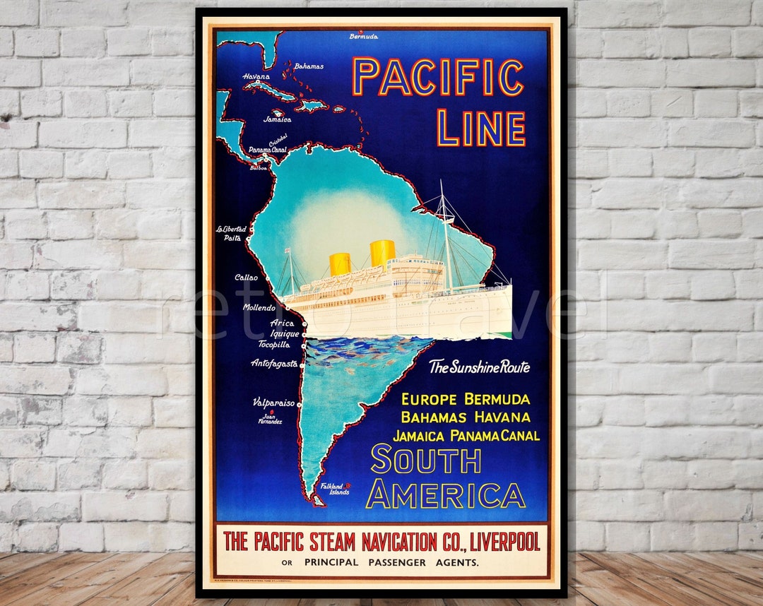 South America Travel Poster, Pacific Line, Ocean Liner Print, INSTANT ...