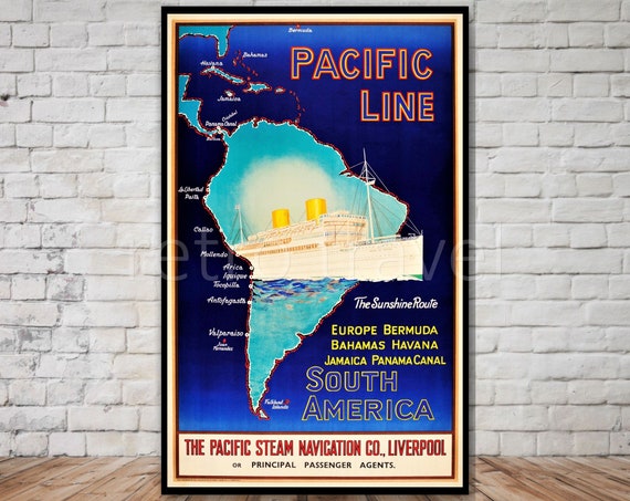 South America Travel Poster Pacific Line Ocean Liner Print | Etsy