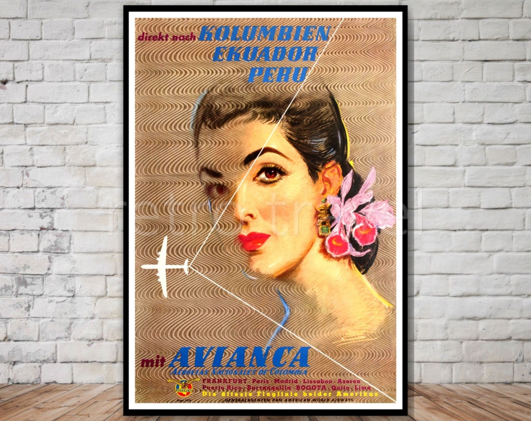 Colombia Travel Poster, Avianca Airlines to Columbia Ecuador Peru ...