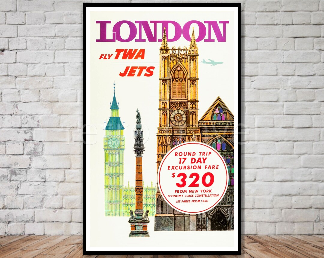 London Travel Poster, Fly TWA Jets New York to London, INSTANT DOWNLOAD ...