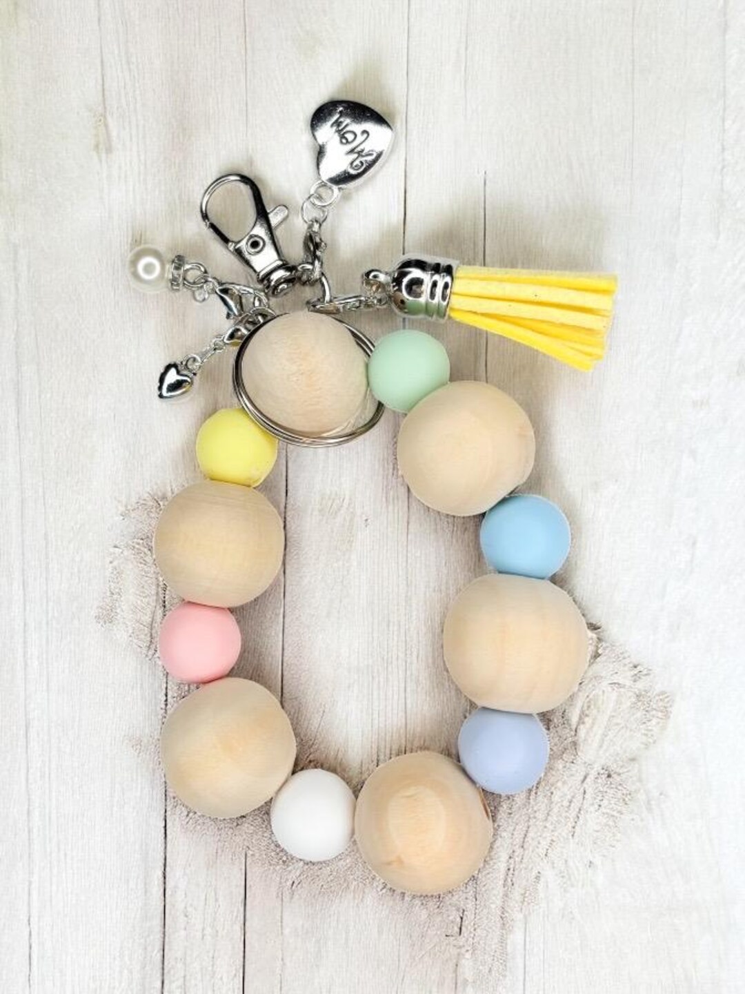 Mom Wristlet Keychain: Wood & Silicone Beads, Safety Whistle - Etsy