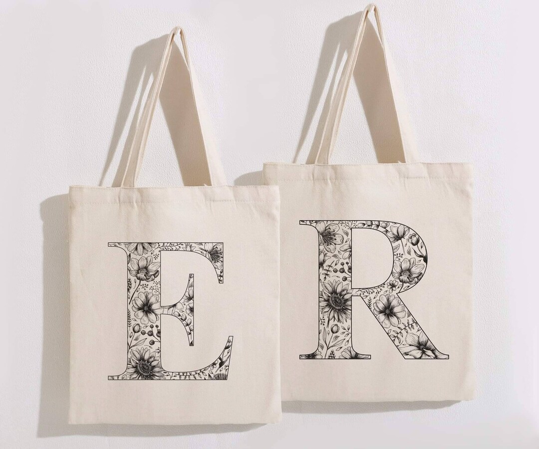 Floral Initial Tote Bag Custom Initial Totebag, Printed Flower Themed ...