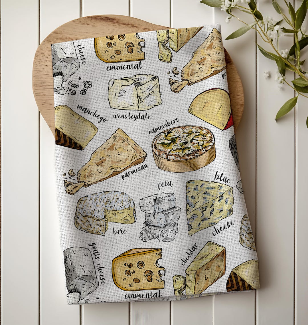 Cheese Themed Tea Towel | Illustrated Tea Towel, Types of Cheese Themed ...