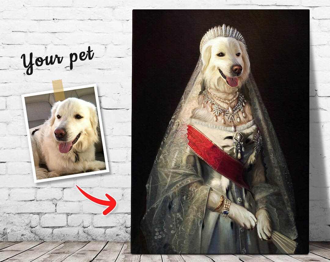 Custom Queen Pet Portrait - Crown Victorian Dog Regal Memorial Painting ...