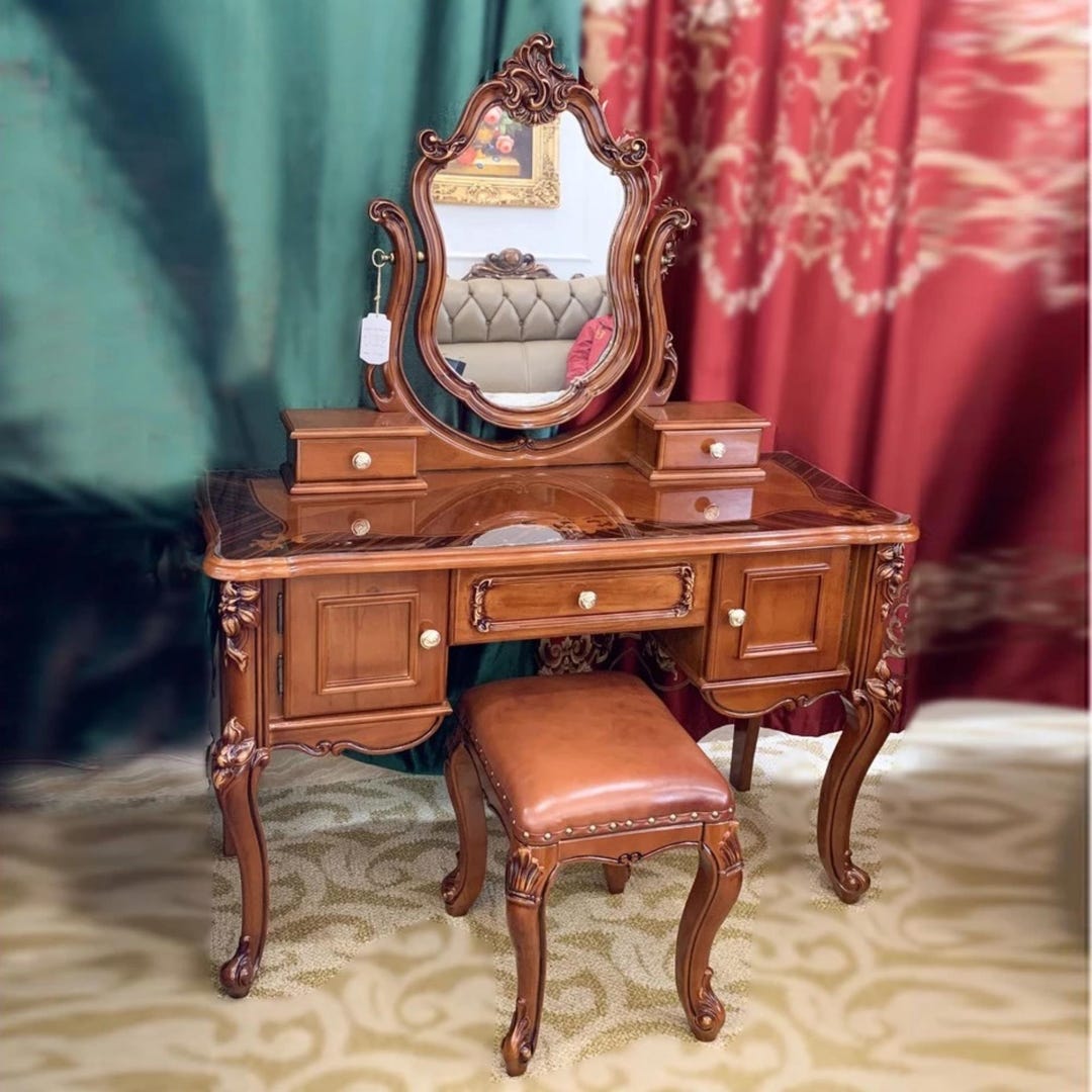 Louis XV Rococo Vanity Table Set, Solid Wood Makeup Desk With Mirror ...