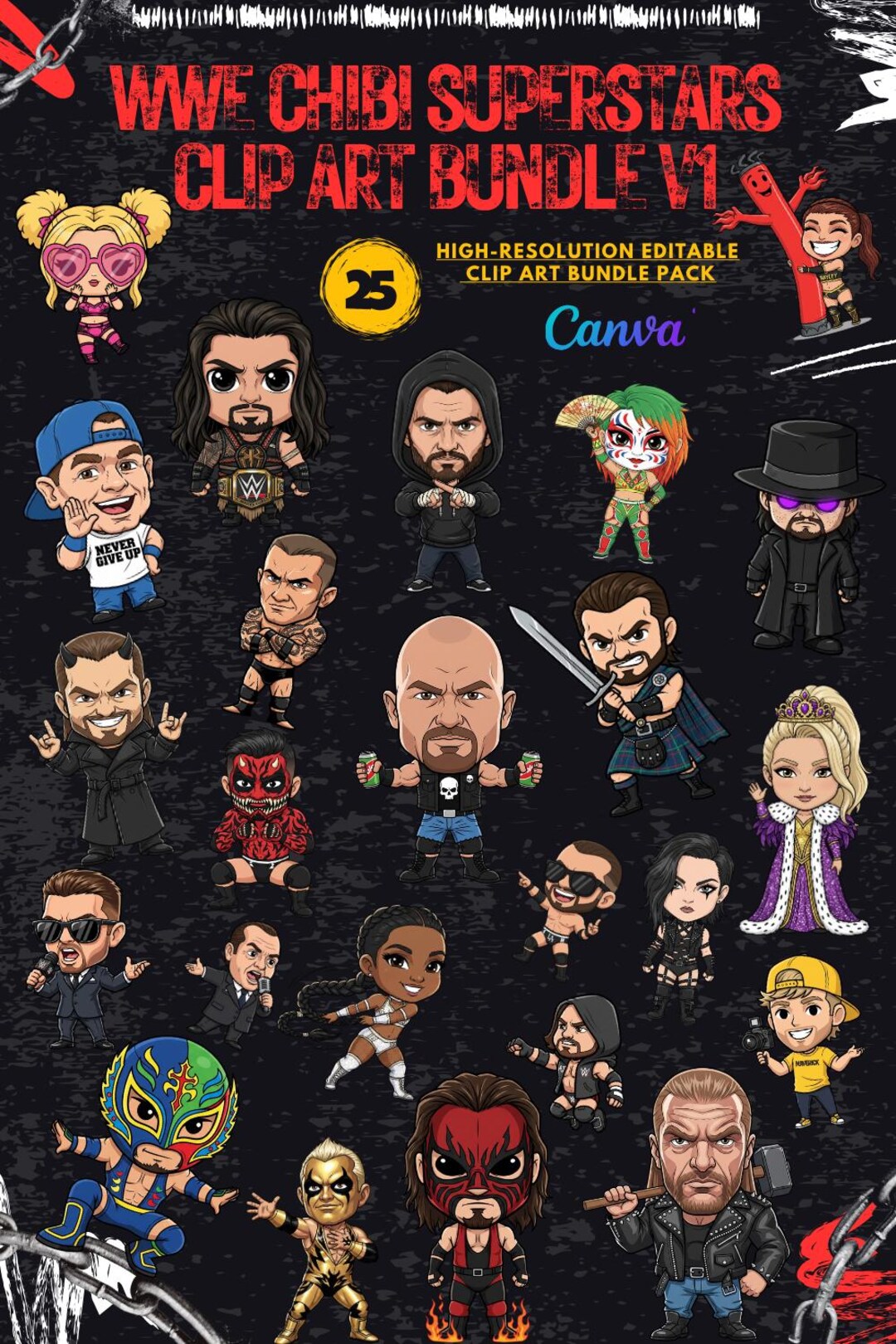 25 Tiny Wrestler Chibi Clip Art Pack – Cute Full-body Cartoon Fighters ...