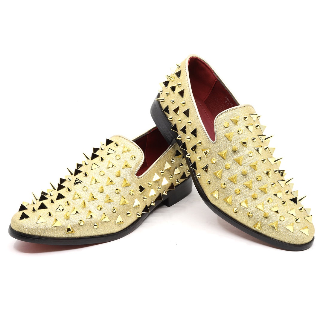 Gold Men's Vintage Spike Designer Classic Smoking Dress Tuxedo Loafers ...
