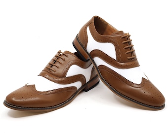 Dark Tan / White Men's Two Tone Perforated Wing Tip Lace up Oxford ...
