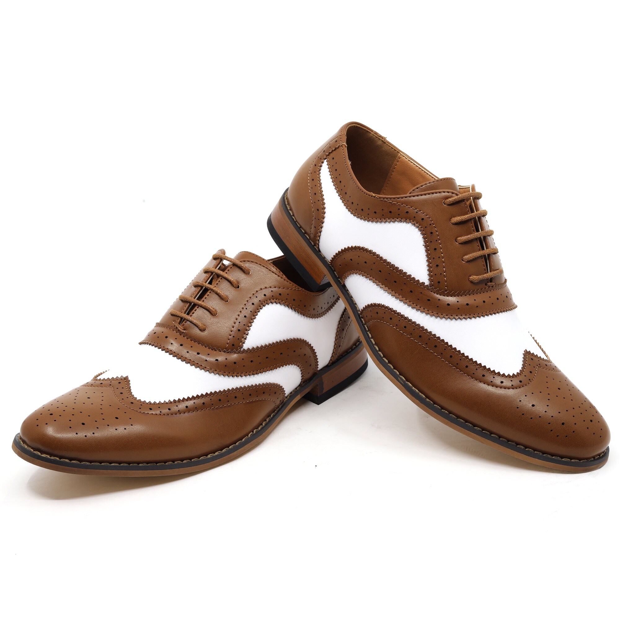 Tan White Men's Two Tone Perforated Wing Tip Lace up Oxford Dress Shoe ...