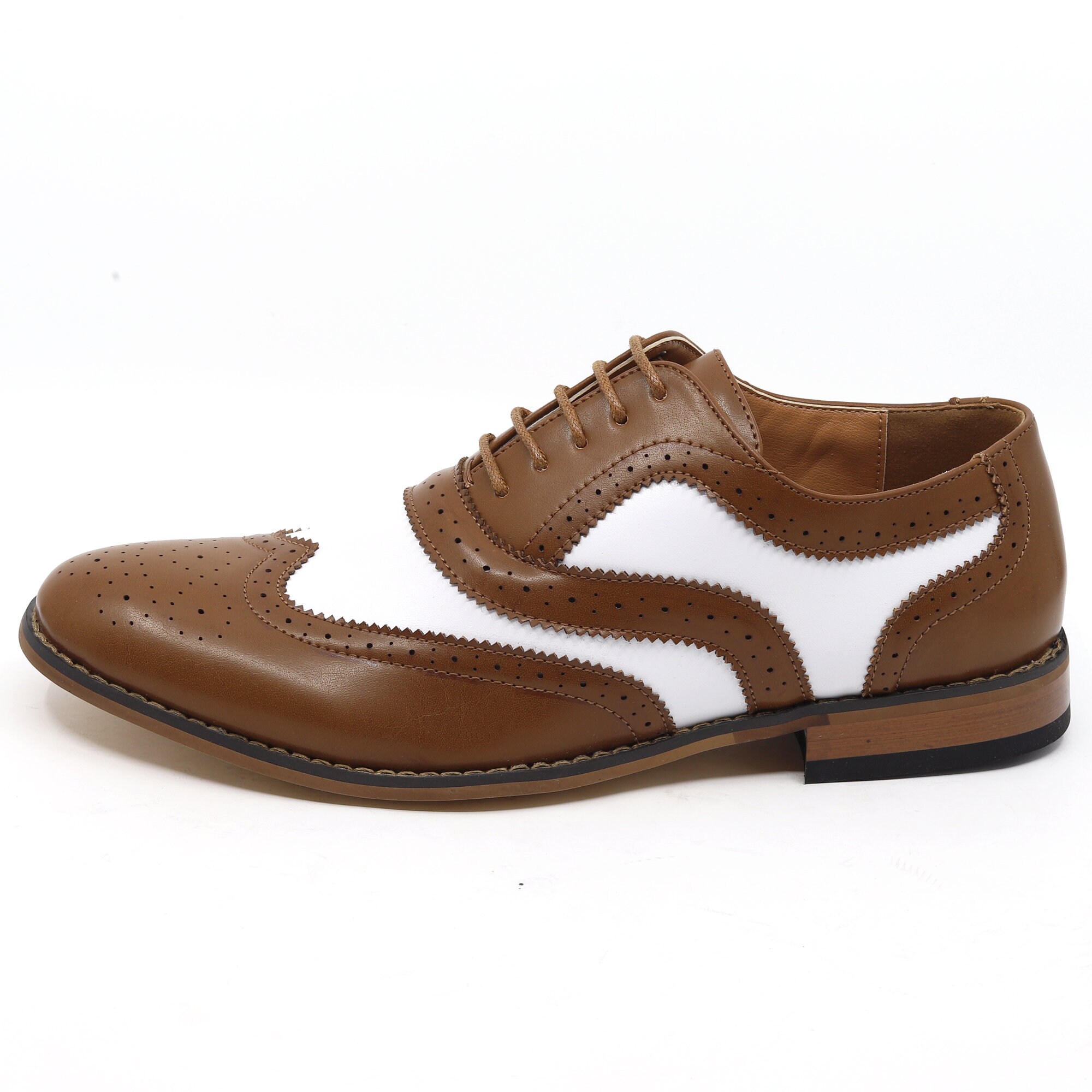 Tan White Men's Two Tone Perforated Wing Tip Lace up Oxford Dress Shoe ...