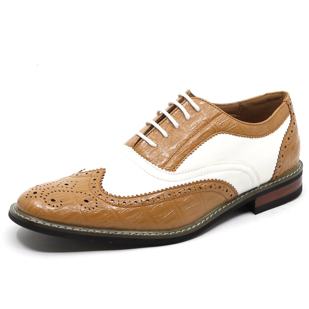 Tan White Men's Two Tone Perforated Wing Tip Lace up Oxford Dress Shoe ...
