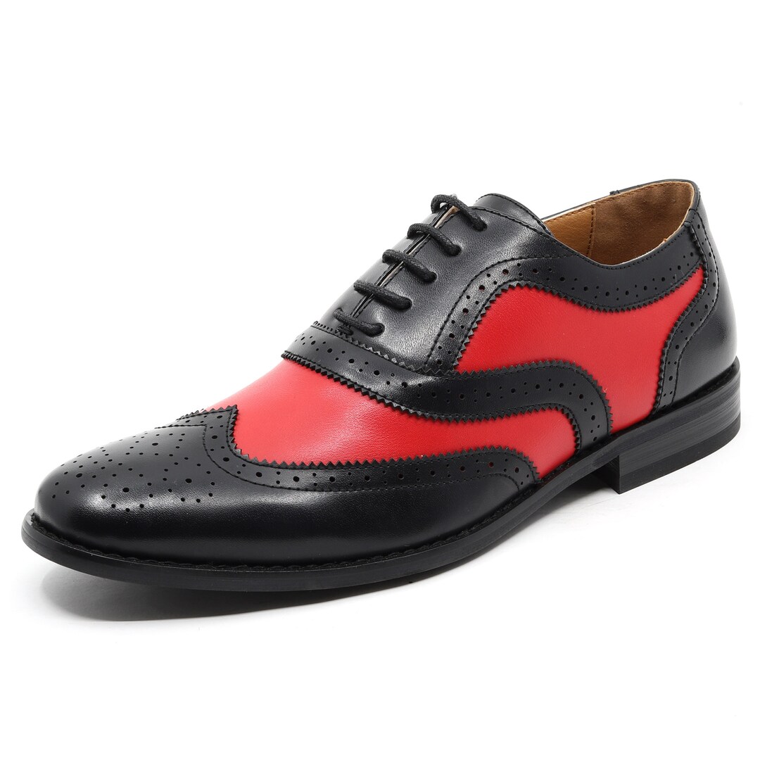 Black Red Men's Two Tone Perforated Wing Tip Lace up Oxford Dress Shoe ...