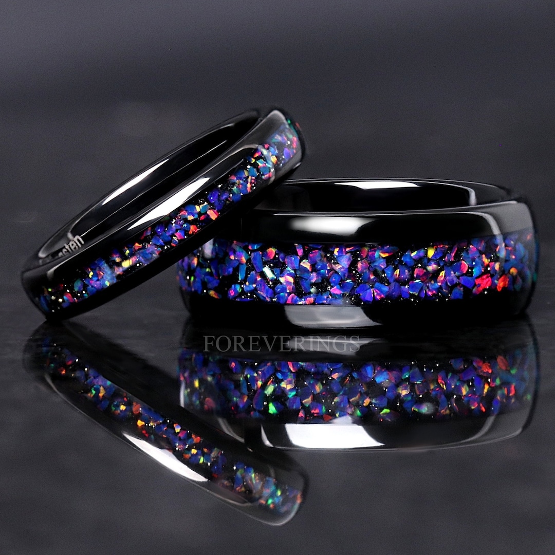 Black Starry Night Van Gogh Opal Matching Ring Set, His and Hers ...