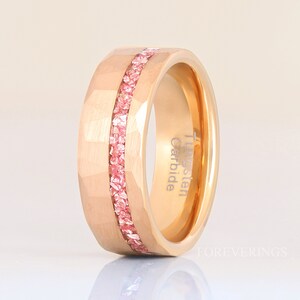 Rose Gold MORGANITE Ring Mens Hammered Tungsten Band, Offset Crushed ...