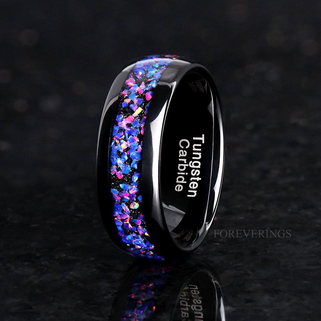 Black Starry Night Van Gogh Opal Ring for Men, 8mm Black Tungsten ...