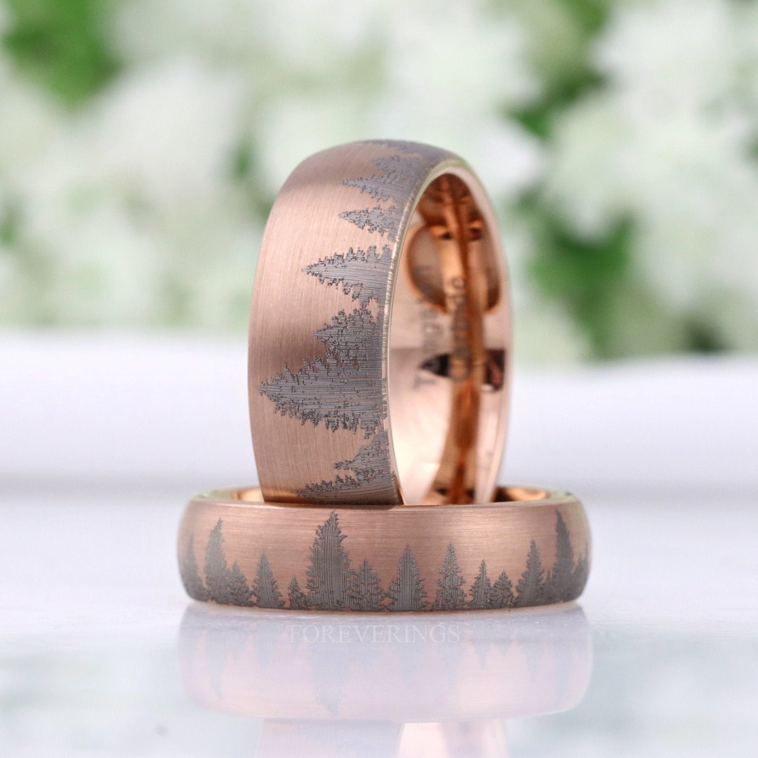 Rose Gold Forest Tree Ring, Mens Wedding Band, 8mm 6mm, Matte Rose Gold ...