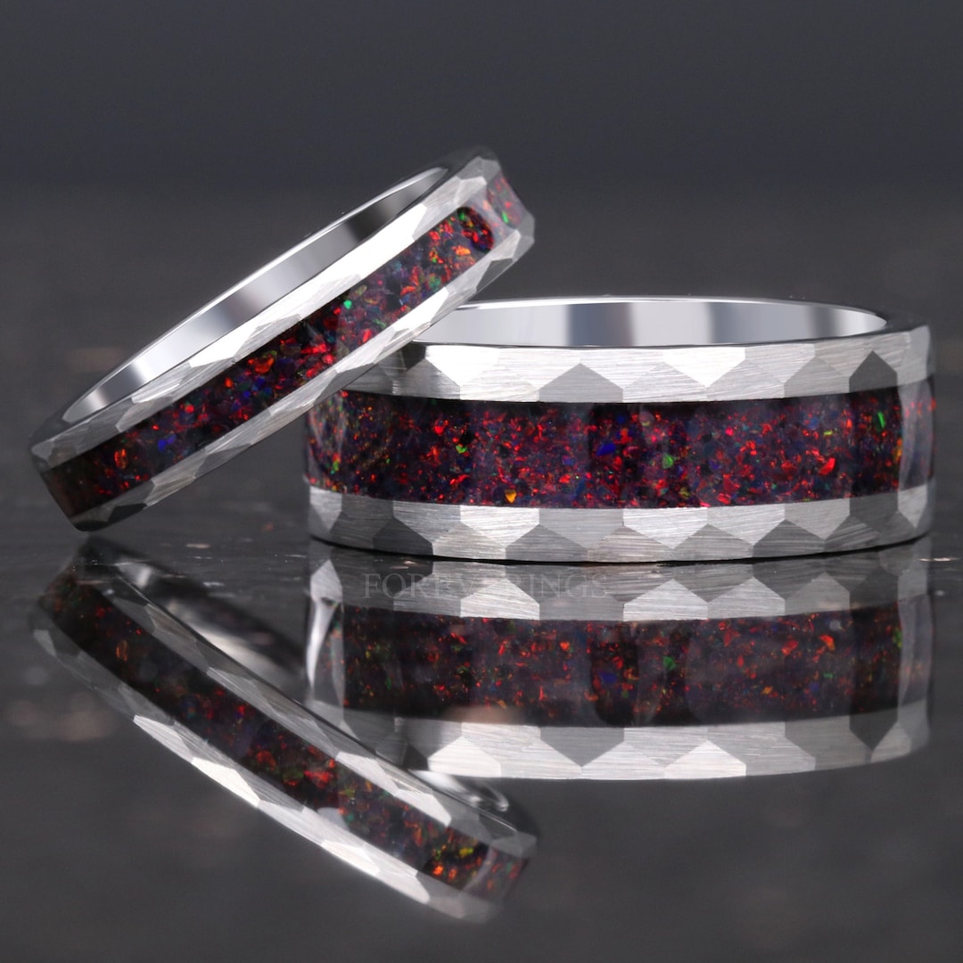 Black Opal Wedding Band Set, His and Her Ring Set, Black Fire Opal Ring ...
