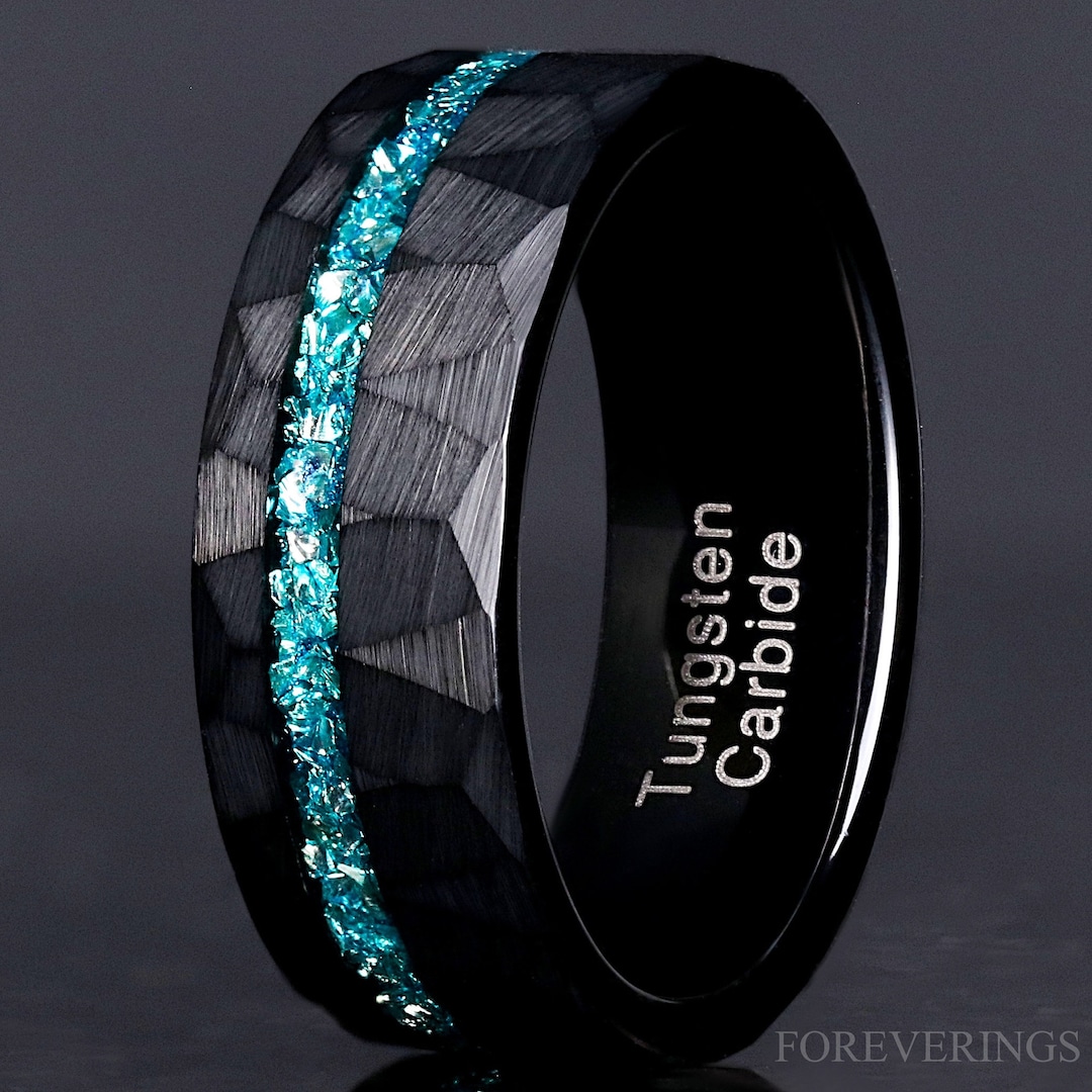 Aquamarine Black Hammered Tungsten Wedding Band for Men, Man Aquamarine ...
