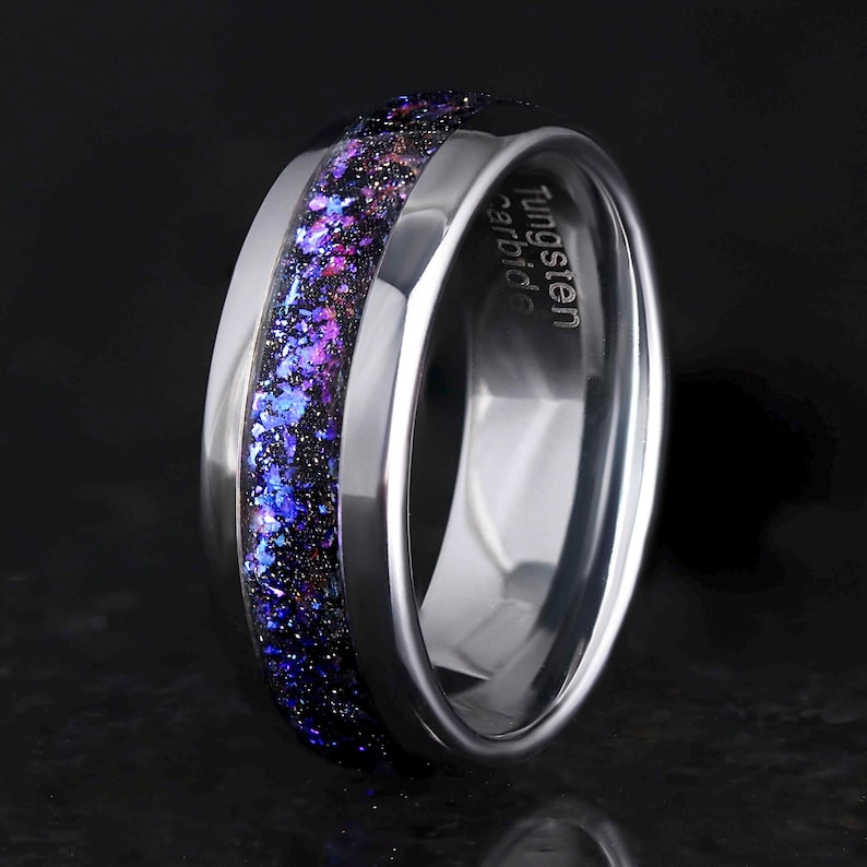 Orion Nebula Ring Set, His and Her Tungsten Wedding Band, 8mm & 4mm ...