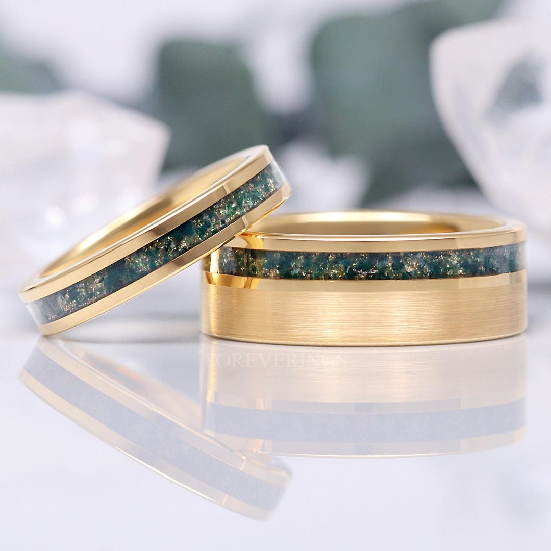 Gold Moss Agate Couples Ring Set, Nature-inspired His and Hers Wedding ...