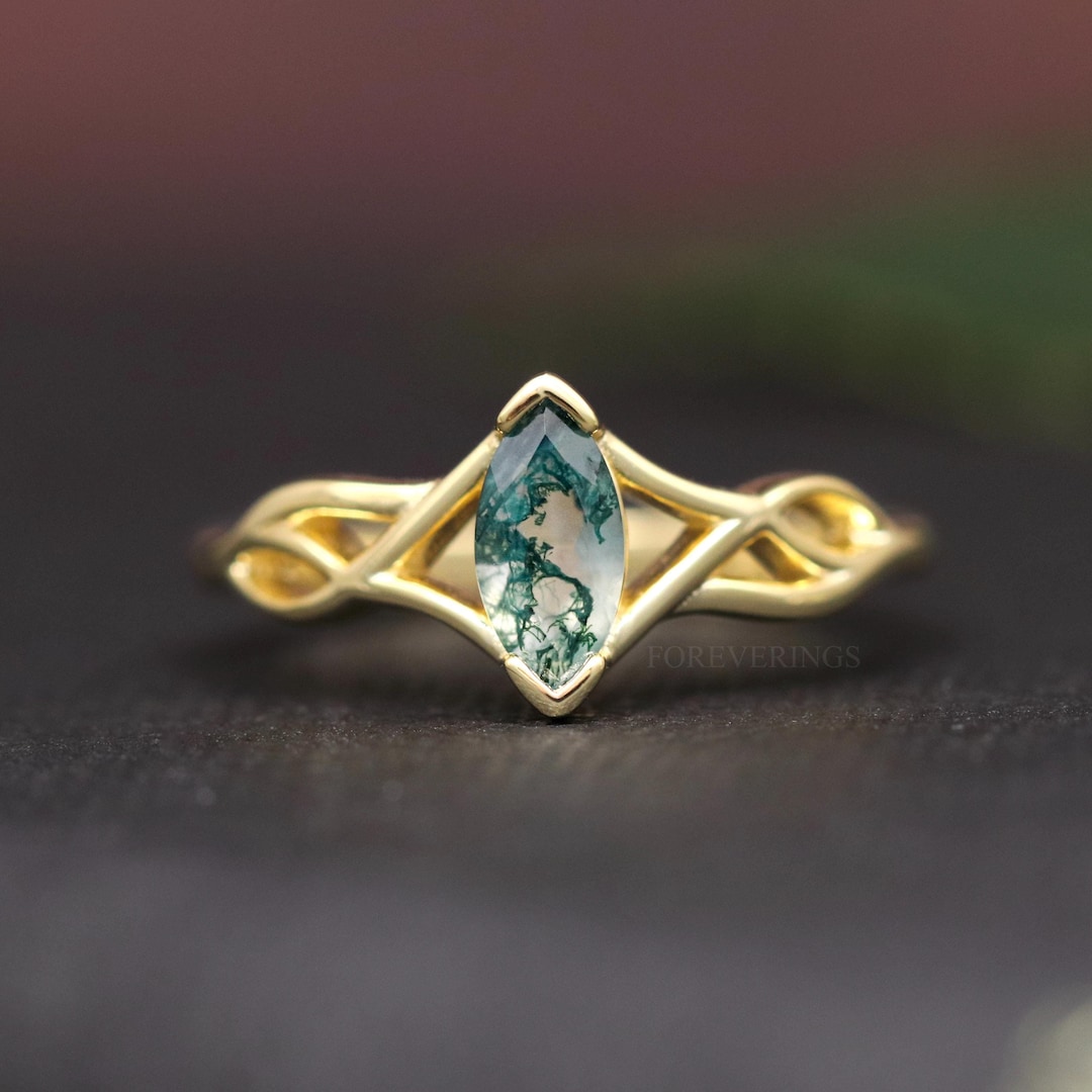 Gold Moss Agate Engagement Ring, Womens Wedding Ring, Marquise, Fantasy ...
